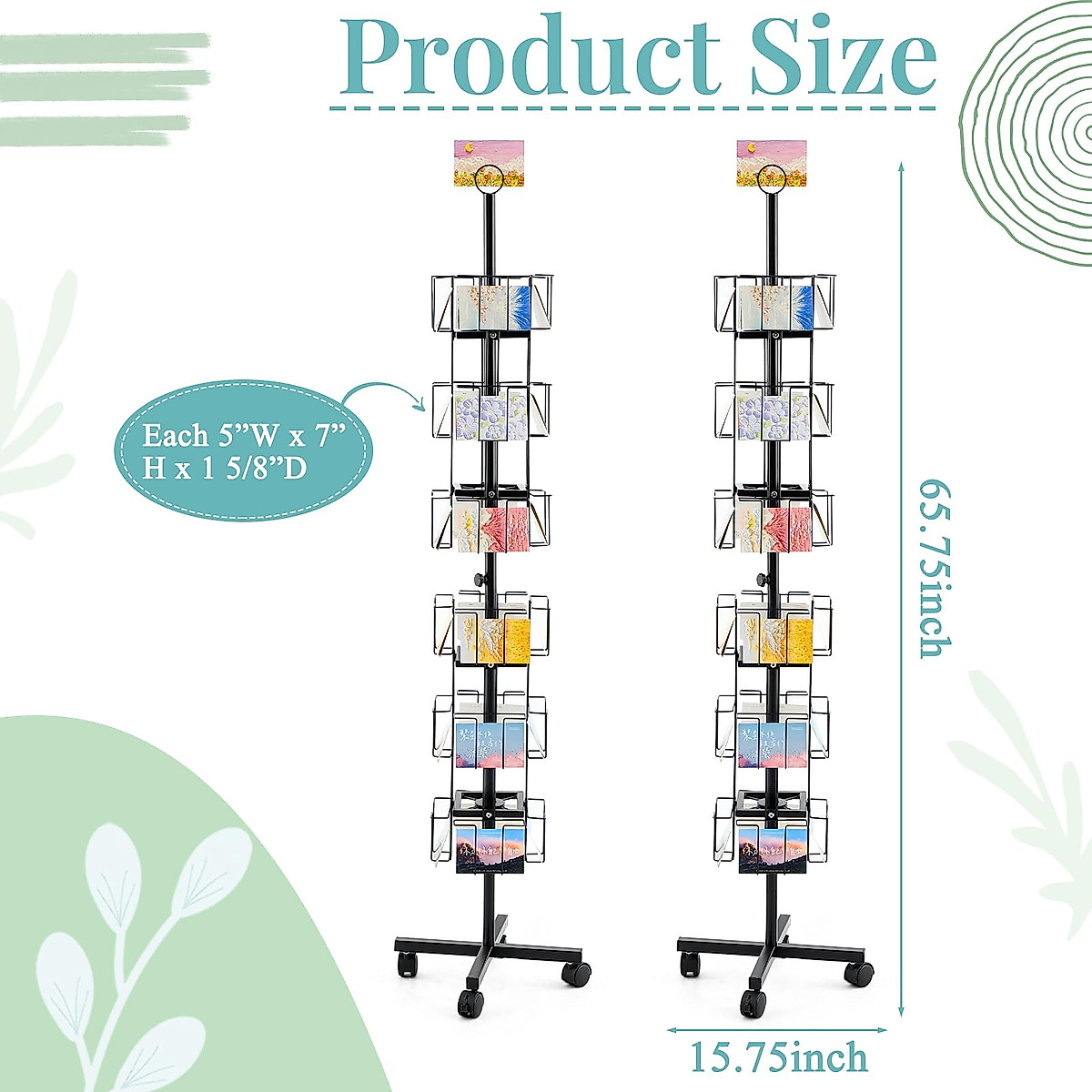 GlikCeil 2 Pcs Rotating Greeting Card Rack 24 Pocket 6 Tier Metal Greeting Card Display Rack Fit 5" x 7" Cards Stand Spinning Postcard Greeting Card Holder for Grocery Retail Thrift Convenience Store