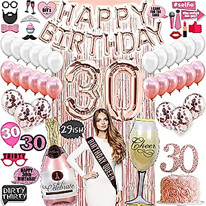 30th Birthday Decorations For Women (75 Pk) Rose Gold Dirty 30 Birthday Decorations For Her, Party Photo Backdrop, Sash, Happy Birthday Banner, Cake Topper, Balloon, 30th Birthday Gifts For Her Girls
