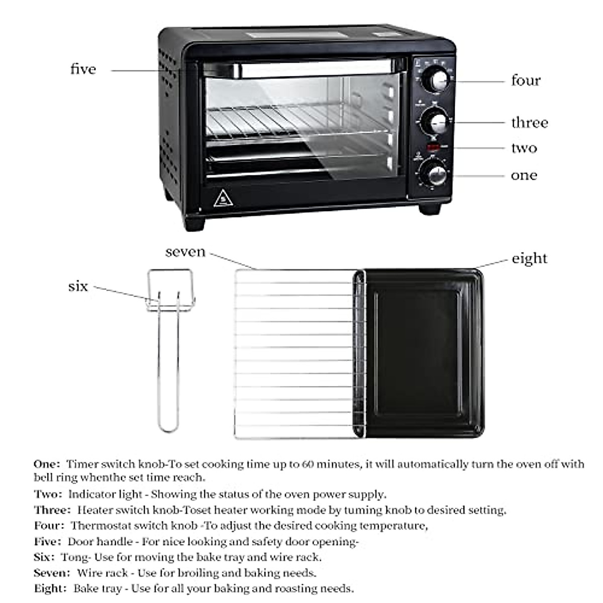 Healsmart Toaster Oven with 20Litres Capacity,Compact Size Countertop Toaster, Easy to Control with Timer-Bake-Broil-Toast Setting, 1200W, Stainless Steel,16x11in,Black,Extra Large