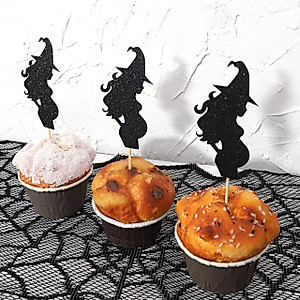 12pcs Halloween Witch Baby Shower Cupcake Toppers - Cauldron Witch Gender Reveal Party Decorations, Halloween Boy or Girl Cupcake Toppers