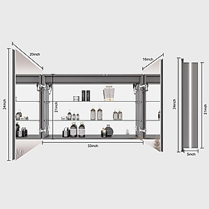 MIRPLUS Lighted Medicine Cabinet with Mirror for Bathroom, 24 x 36 inch Wall Mounted Bathroom Cabinet Touch Switch 3 Color Lights & Brightness Adjustment, Anti-Fog Time & Temp Display (Double Door)