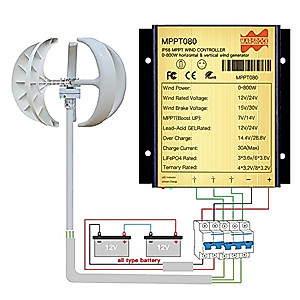 Mars Rock 0~800W 30A Mini Wind Charge Discharge MPPT Controller IP68 Waterproof Regular Auto Match Wind Output DC AC 12/24v Voltage Wind Power System Lithium Lead-Acid Gel Battery