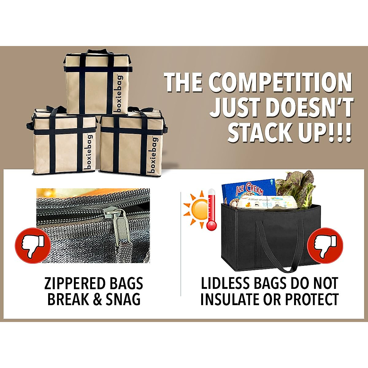 Boxiebag THE ORIGINAL (3-Pack) Collapsible Reusable Insulated Grocery Bag/Box - Stackable Heavy Duty Everyday Tote Bag - Folds Flat - Durable - Versatile - Innovative