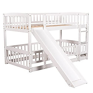 VilroCaz Twin Over Twin Low Bunk Bed with Door Openable Fence, Versatile Bunk Bed with Slide and Built-in Ladder, Solid Wood Bunk Bed Frame for Kids Teens Boys Girls (White)