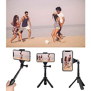 Mini Selfie Stick Tripod Kit 2-in-1, Compatible with GoPro AKASO Insta360 DJI Osmo Action Camera and Smartphones, 1/4 inch Screw Fixed, with 3-Level Telescopic Function Tripod（Black）