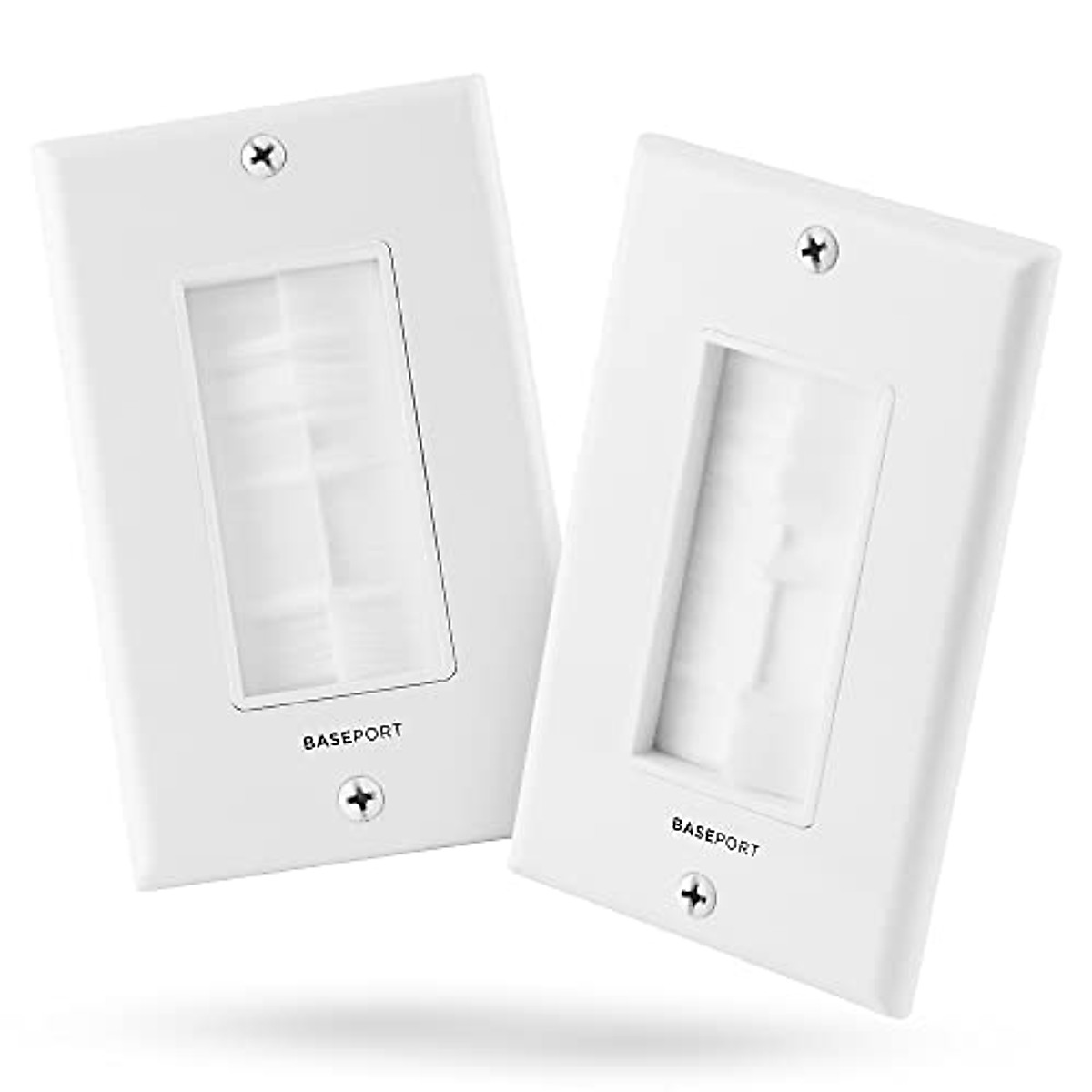 BASEPORT Brush Wall Plate Cable Pass Through Insert for Behind Wall Cable Management - White Single Gang Brush Plate with Low Voltage Mounting Bracket to Hide Wires In Wall, 2 pack