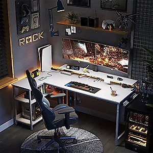 ODK 58 Inch Computer Desk with USB Charging Port & Power Outlet, L-Shaped Corner Desk with Storage Shelves & Monitor Shelf for Home Office Workstation, Modern Writing Table, White