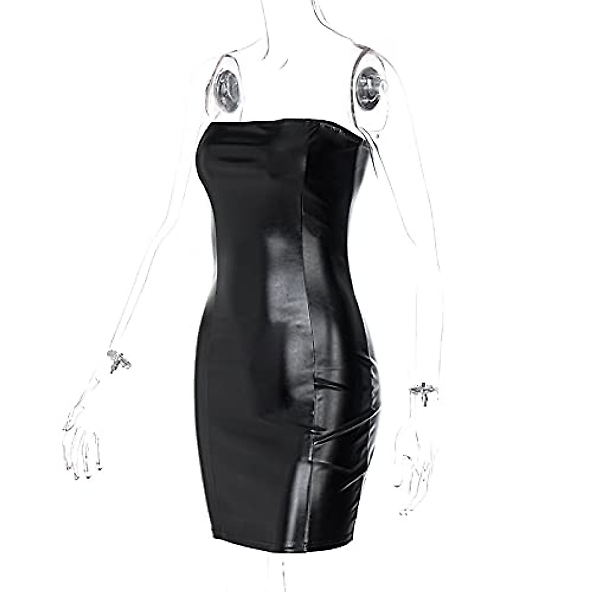Achieer Women Sexy Club Party Strapless Bodycon Pu Leather Black Ruched Latex Dress