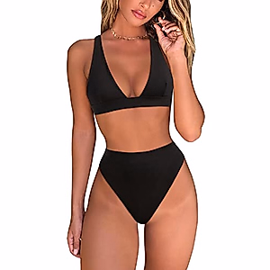 fatty tiger Womens High Waisted Thong Bikini Sets Sexy Brazilian Triangle Top Deep V Neck Two Piece Swimsuit Bathing Suits (Black, Large)