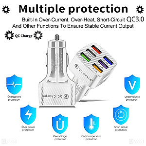 Amiss Car Charger Adapter, 6 USB Multi Port, Fast Charger, Include QC 3.0 and 5 Other Ports, Car Interior Accessories, Fit for iPhone 13/12/11/pro, Samsung Galaxy/Note S10/S9/S8 - White（2PCS）