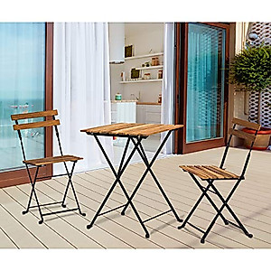 SUNBURY 3 Piece Patio Bistro Set, Outdoor Furniture Set, Weather-Resistant Folding Table and Chairs, Wooden Top Steel Frame Foldable Chairs for Outdoor/Indoor, Balcony (Burlywood)