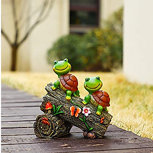 WOGOON Garden Turtle Figurines Outdoor Decorations, Solar Powered Sweet Frog Face Turtles Resin Statue with 4 LED Lights, Garden Art Spring Fall Winter Christmas Decor for Patio Lawn Yard