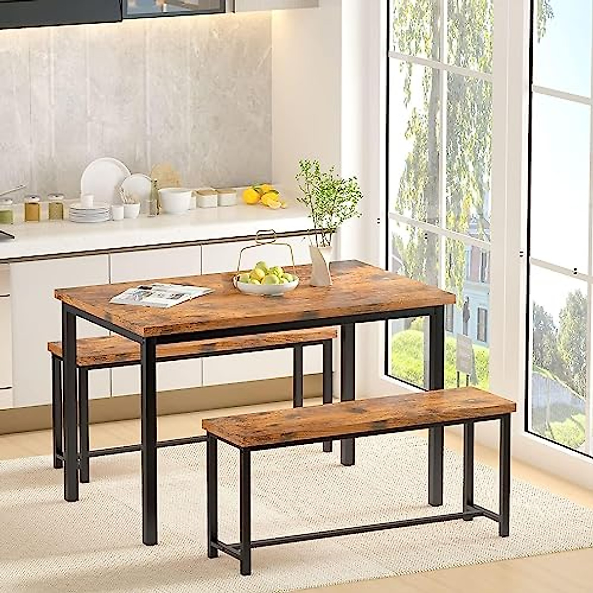 Hooseng Kitchen Table Set with Two Benches, Dining Table Set for 4-6 Persons, Space-Saving 47 Inch Small Kitchen Table Set for Breakfast Nook, Living Room, Apartment, Restaurant, Rustic Brown