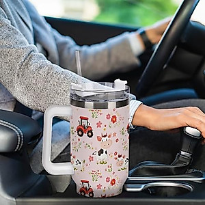 Farm Truck Red Tractor Tumbler with Handle Travel Mug Water Bottle Tea Coffee Cup White-style
