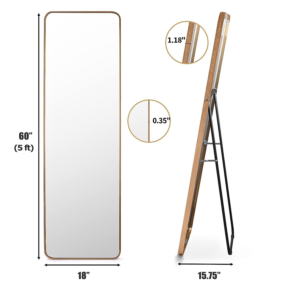 PHAREGE Brass Gold Full Length Mirror with Stand, 60x18 inch Full Body Size Standing Mirror for Bedroom Floor, Anti-Slip Bottom