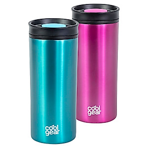 COOL GEAR 2 Pack 16 oz Amelia Coffee Travel Mug with Spill Resistant Slider Lid - Pink/Teal