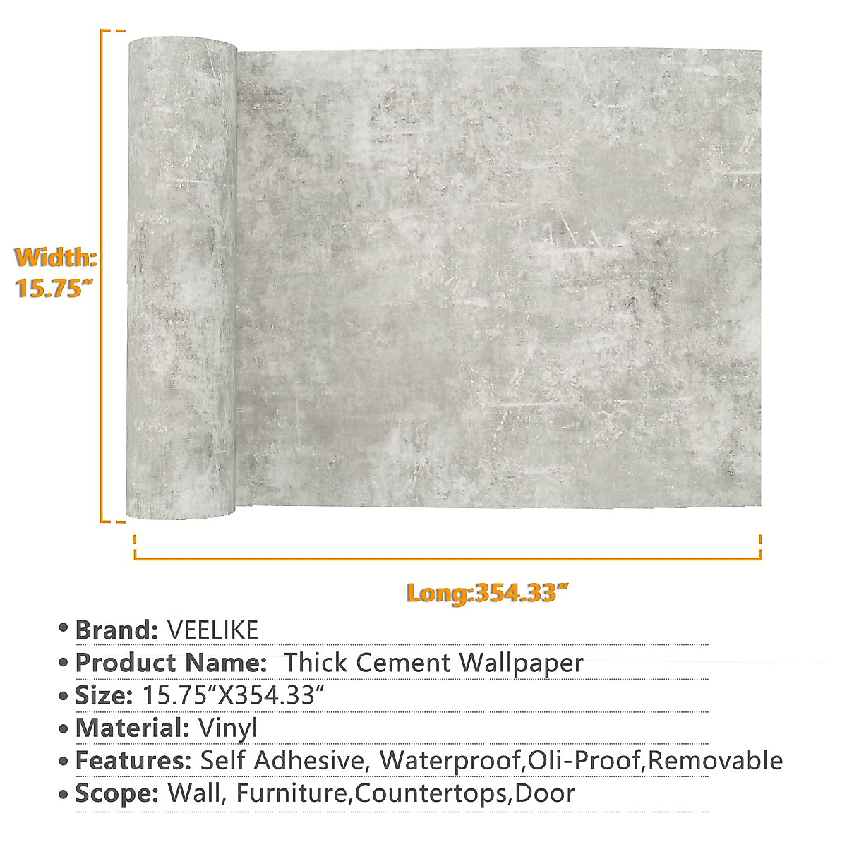 VEELIKE 15.7''x354'' Concrete Contact Paper for Countertops Waterproof Light Concrete Wallpaper Texture Peel and Stick Concrete Wall Paper Self Adhesive Cement Murals Removable for Cabinets Furniture