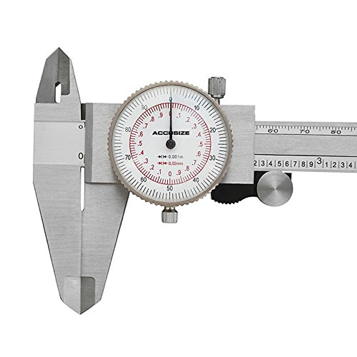 Accusize Industrial Tools 8''/200 mm by 0.001''/0.02 mm Dual Needle Precision Dial Caliper Stainless Steel in Fitted Case, Imperial/Metric, P920-S238