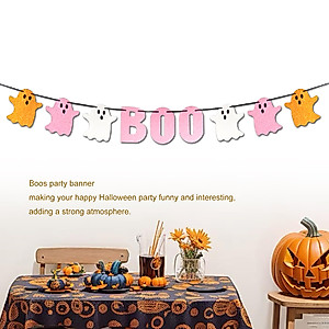 LanttAotte Cute Boo Banner, Pre-Assembled Pink Happy Boo Day Halloween Glittery Ghost Party Decorations for Mantle Girl Baby Shower Décor