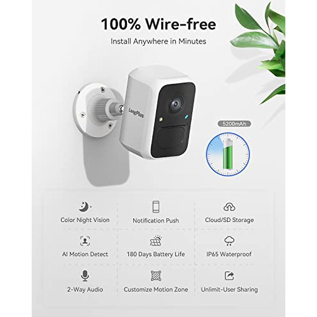 LongPlus Wireless Outdoor Security Camera, Battery Powered Cameras for Home Security Wireless WiFi with Night Vision, Motion Detection,Siren Alarm,Spotlight,2Way Audio (White)