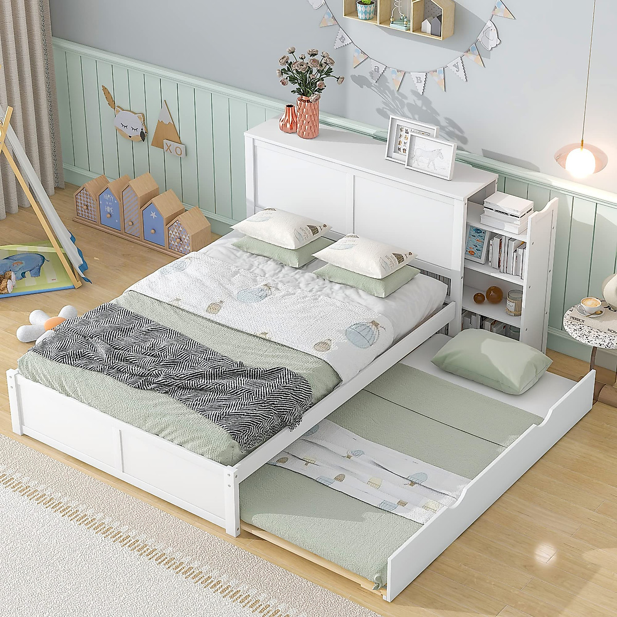 Acosure Full Size Storage Platform Bed with Pull Out Shelves and Twin XL Size Trundle,Bedroom Wood Bed Frame W/Headboard,No Box Spring Required,for Kids Teens Girls Boys,White