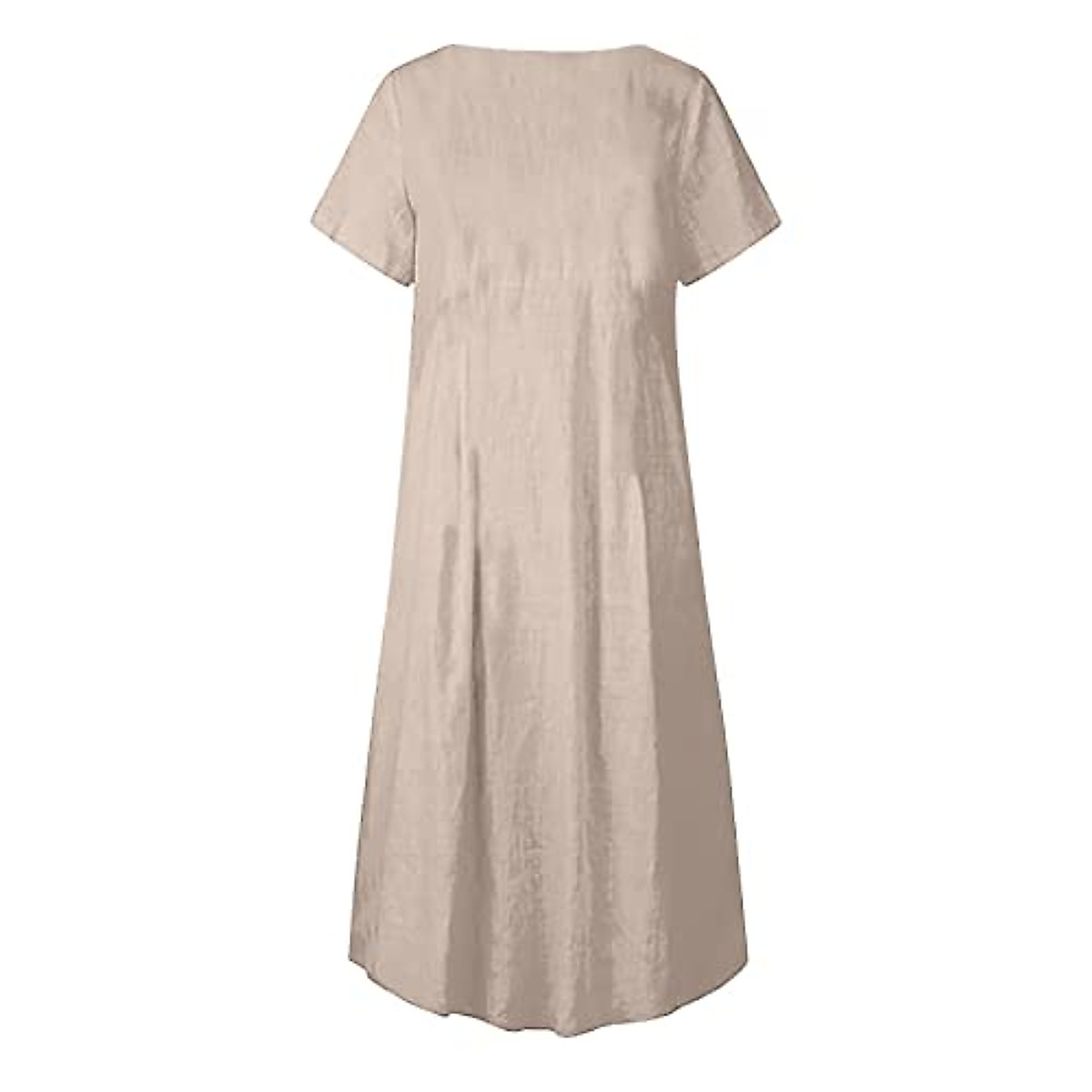 Women's Short Sleeve Crew Neck Loose Midi Linen Dress Casual Summer Solid Color Cotton Linen Dresses with Pockets