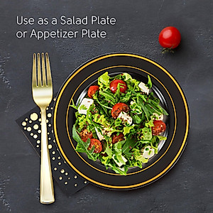 Stylish 7.5 Inch Gold and Black Cake Plates with Disposable Forks and Cocktail Napkins (100 Set of Each) - Small Appetizer Plates, Disposable Cake Plates or Salad Plate - Black Plastic Dessert Plates