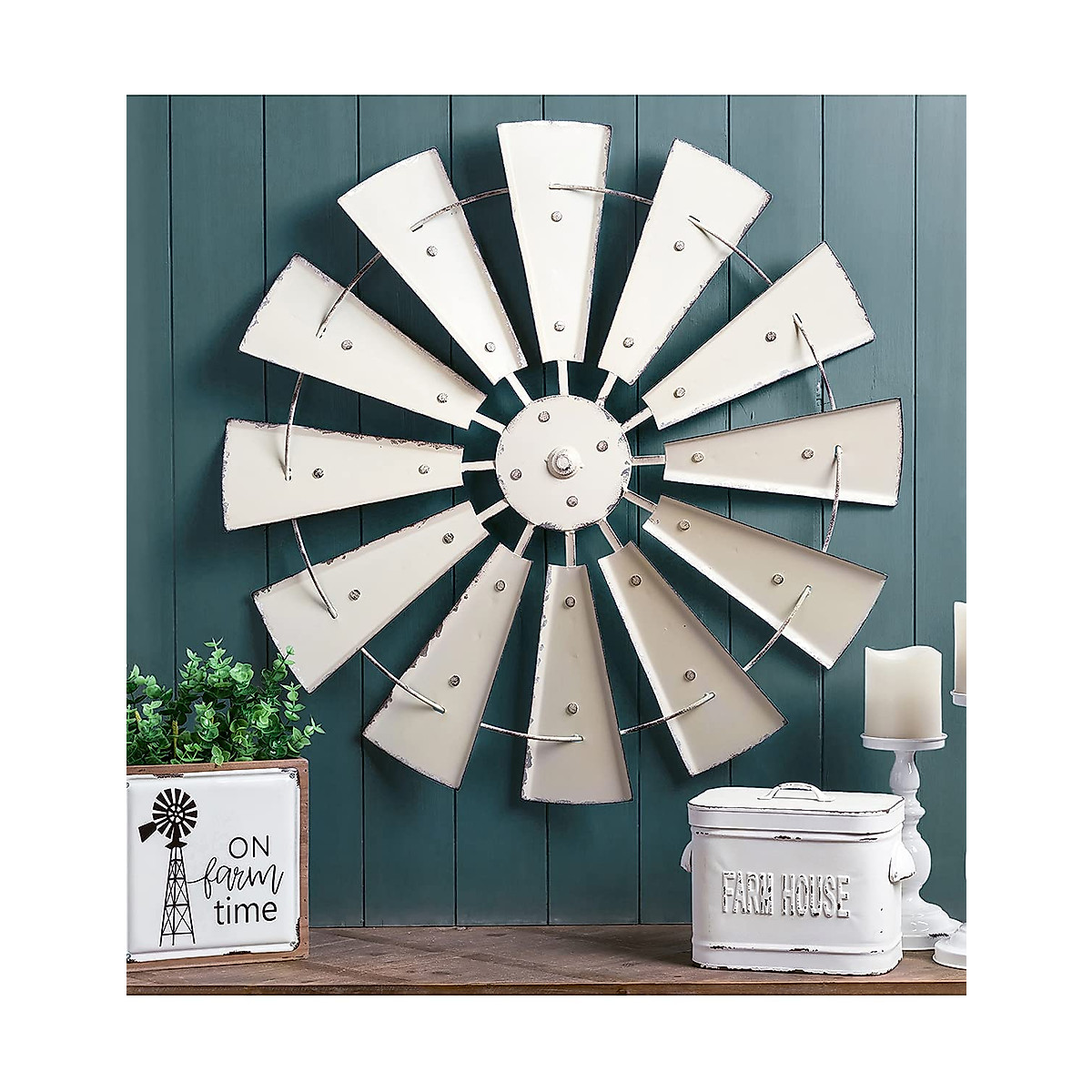 Glitzhome 22" Farmhouse Galvanized Windmill Wall Sculpture Home Decor Rustic Metal Rustic Wall Art Decoration, Silver