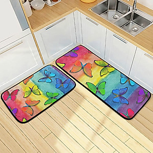 Kitchen Rugs and Mats 2 Pieces Rainbow Butterflies Anti Fatigue Kitchen Rug Set Non Slip Bath Mat Entry Floor Carpet Entrance Door Mat Runner 20"x28"+20"x47" 20"x28"+20"x47"