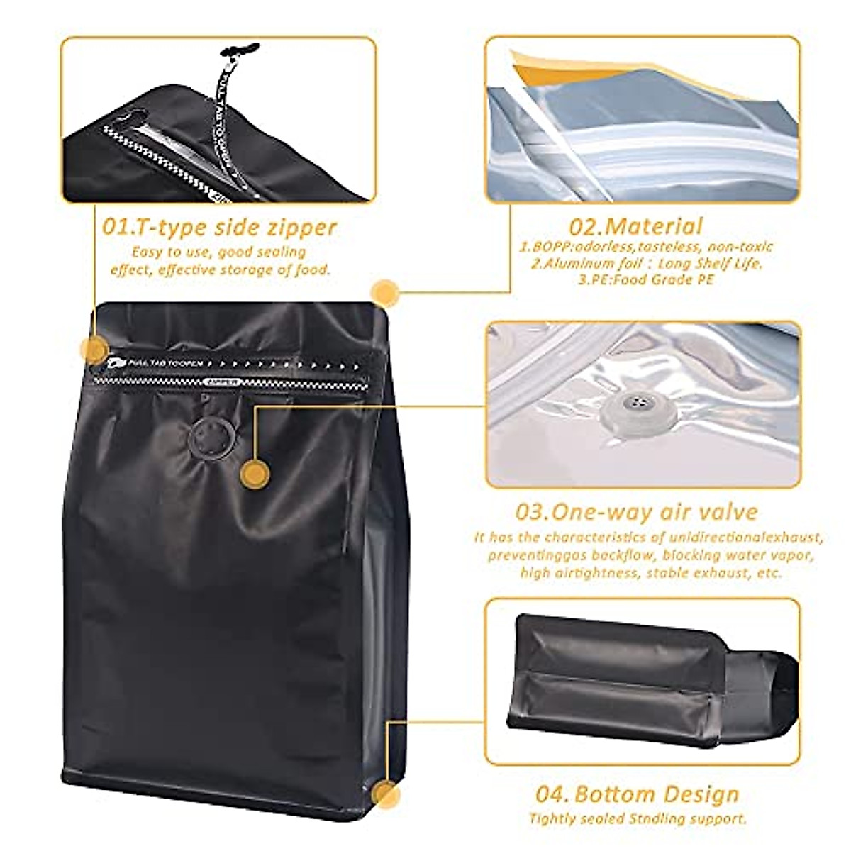 REMTAP Coffee Bags with Valve(50pcs,8 oz,1/2 lb) Black High Barrier Aluminumed Foil Flat Bottom Standing Coffee Beans Storage Bags,Reusable Heat Sealable Side Zipper Pouches for Home or Store