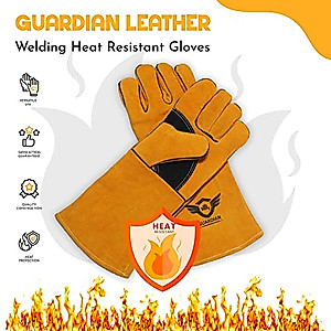Guardian Leather Welding Heat Resistant Gloves – 16” All-In-One Stick/Mig/ Tig Welding Gloves Use as Mitts BBQ Gloves, Grill Gloves, Oven Gloves & More - Built to Last with Industrial Strength Sewing