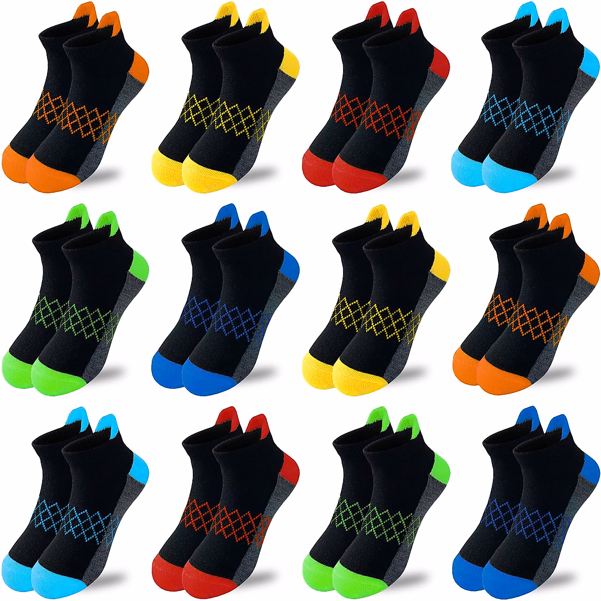 JAMEGIO Boys Socks 12 Pairs Half Cushion Low Cut socks Sport Ankle Athletic Sock for Little Big Kids Size Age 3-10 Years (7-10 Years)