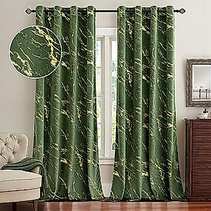 MIULEE Olive Green Velvet Curtains Grommet Thermal Insulated Room Darkening Drape for Classical Living Room Bedroom Decor Bundle Glitter Metallic Marble Pattern Gold Foil Print Curtains 96 Inches Long