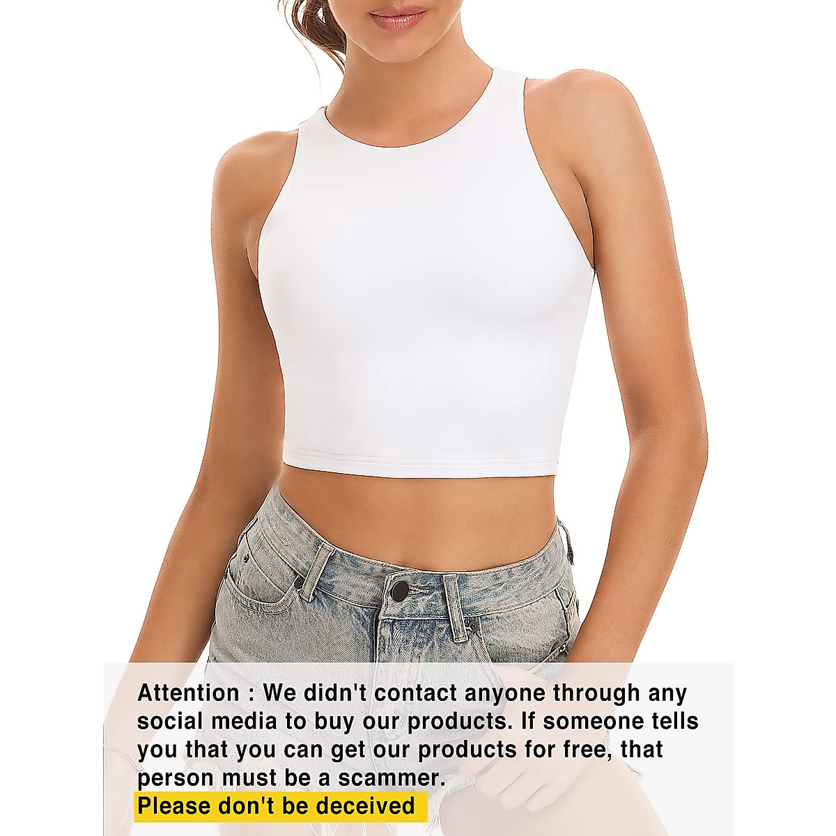 Yeawinta Crop Tank Top for Women Workout Shirts Cropped Tanks Sleeveless Gym Clothes Yoga High Neck Crop Top 2 Pack White/Brown M