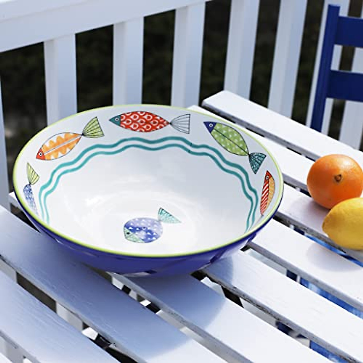 Euro Ceramica FreshCatch Collection 13-Inch Large Serving Bowl - Indoor/Outdoor Use - Colorful Cute Fish Pattern on White (FRC-86-3913)