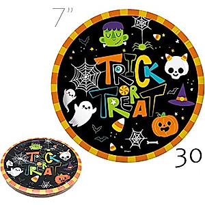 Serves 30 Complete Party Pack Cute Halloween Monsters and Ghosts 9" Dinner Paper Plates 7" Dessert Paper Plates 9 oz Cups 3 Ply Napkins 2 Table Cover Halloween Banner Halloween Party Decorations Halloween Party Supplies