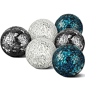 Mosaic Glass Orbs Mosaic Sphere Glass Globe Decorative Orbs Centerpiece Balls Decorative Glass Balls for Bowls Vases Dining Table Centerpiece Decor (Sliver, Turquoise, Black,6 Pieces)