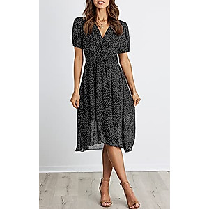 PRETTYGARDEN Casual Summer Dresses for Women Knee Length Polka Dot Floral Printed Short Sleeve Wrap Dress Midi Button Down Dress for Women Wedding Guest (Black, Medium)