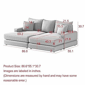 ERYE Oversized Loveseat Sectional Sofa Couch Modern Reversible Chaises Deep Seat Sofa&Couch with 2 Movable Ottomans and Pillows, Modular Corduroy Upholstered Sleeper Daybed for Living Room