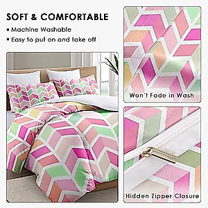 Duvet Cover King Size, Rainbow Colorful Geometric Pink Bedding Set with Zipper Closure for Kids and Adults, Zig Zag Modern Comforter Cover with 2 Pillow Shams for Bedroom Bed Decor