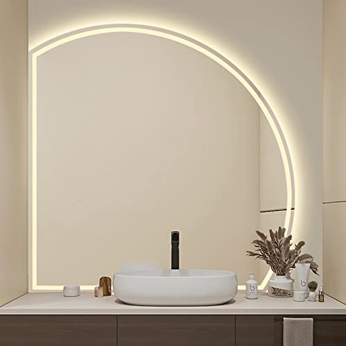 TOCTUS LED Bathroom Mirror Wall-Mounted Vanity Mirror LED Lighted Mirror, with Touch Button, Dimmable Light, Brightness Adjustable, Half Round Fan-Shaped, Left/Right Cut, 31x31inch (Color : Left)