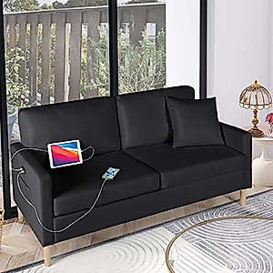 TYBOATLE 66" W Faux Leather Loveseat Sofa w/ 2 USB Charging Ports and Pillow, Mid-Century Modern Couch Love Seats, Living Room Accent Sofas Couches for Small Spaces, Apartment, Bedroom, Dorm (Black)