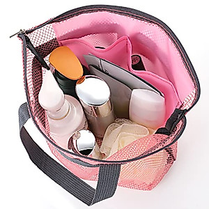 THINP Portable Shower Caddy, Mesh Shower Caddy Tote Mesh Shower Bag Quick Dry Shower Tote Bag with Zipper & 2 Pockets for College Dorms Gym Swimming Beach Travel Sports Games 10.6 * 7.8 Inch (Pink)