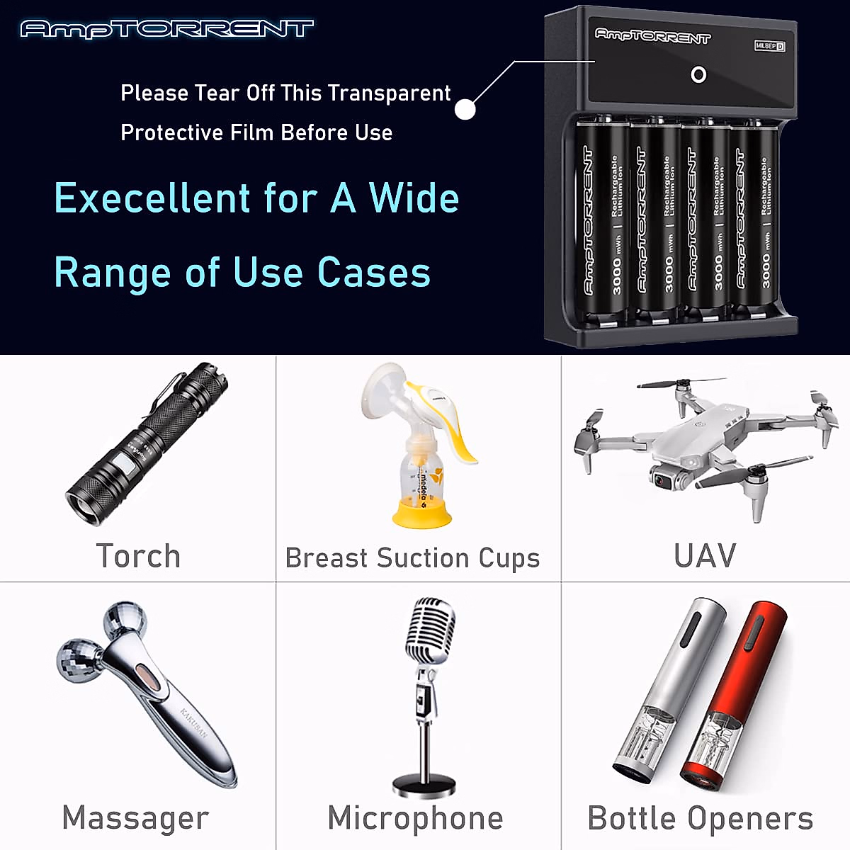 AmpTORRENT Rechargeable Lithium AA Batteries, 3000mWh Lithium AA Battery, AA Batteries Rechargeable with Charger, 2h Fast Charge, 1.5V Constant Output, Lasting Power, Leakproof Design, 1600 Cycles