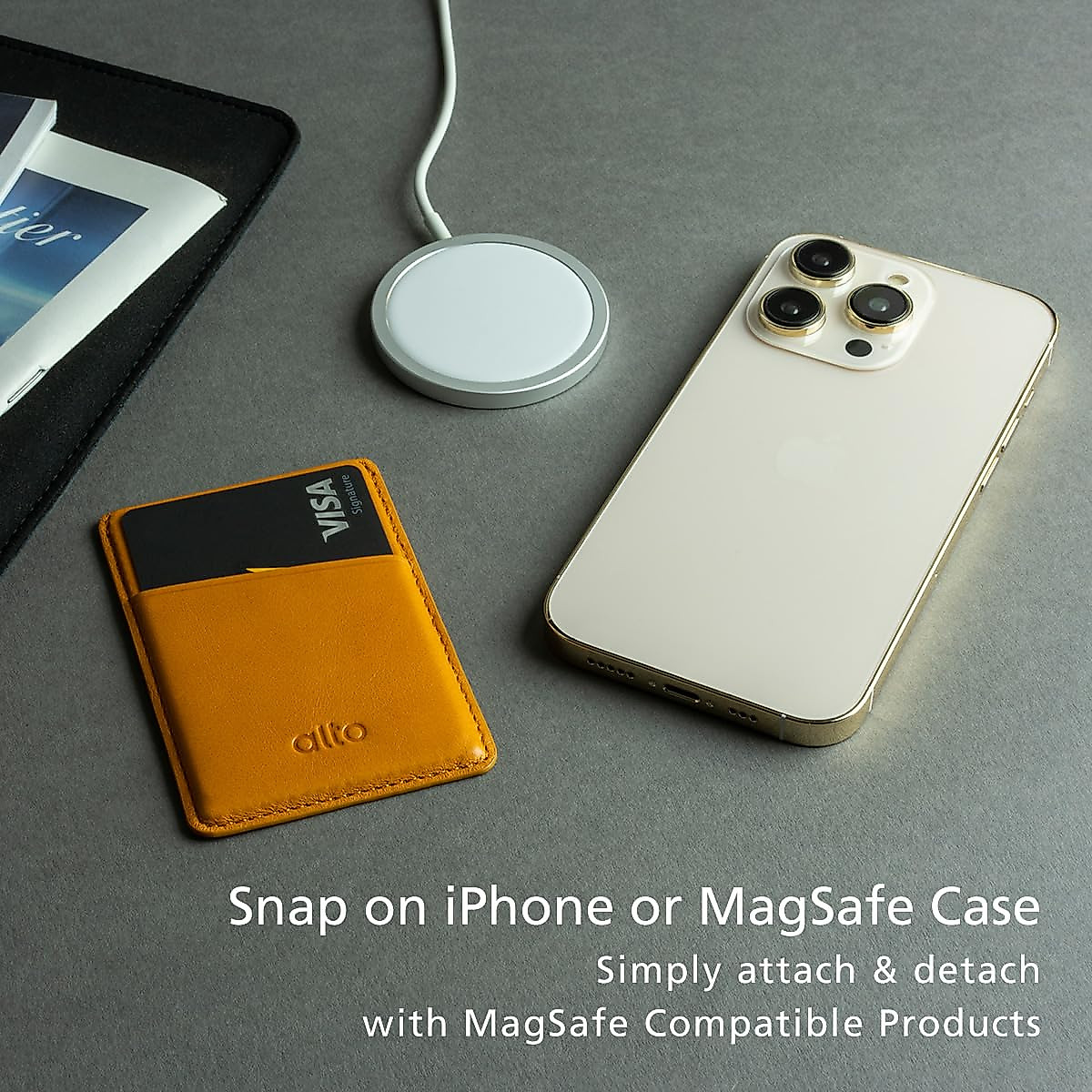 alto Magnetic Leather Wallet Designed for MagSafe, Italian Leather Wallet Case with Card Holder Design Compatible with iPhone 15/14/13/12 Series & Phone Cases with Magsafe (Caramel Brown)