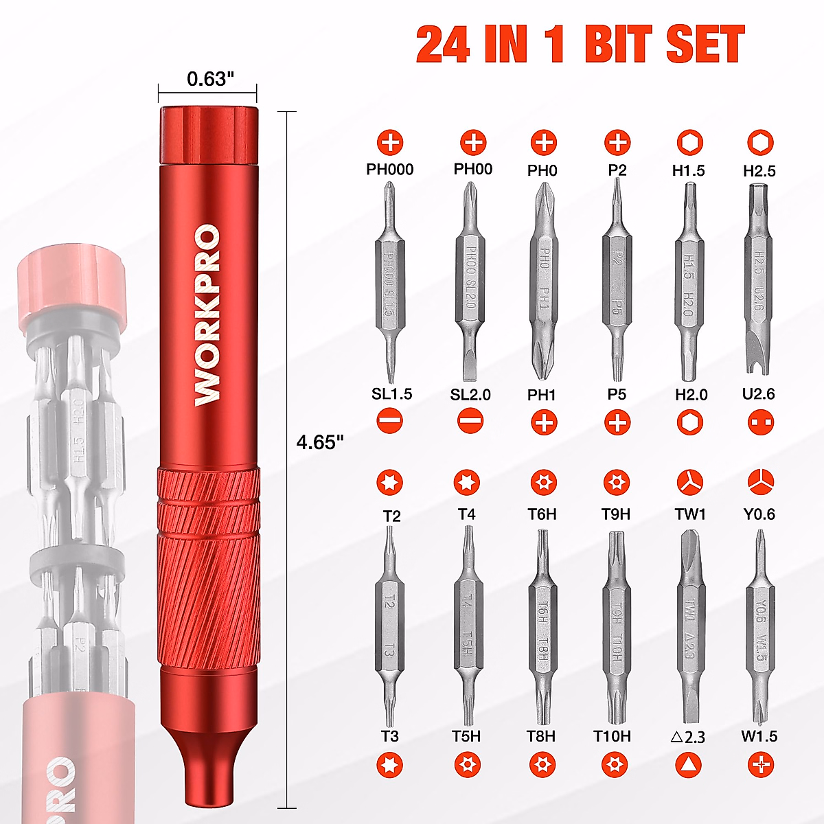 WORKPRO 24-in-1 Precision Screwdriver Sets, Pen Style Manual Screwdriver, 24 pcs Tough S2 Steel Small Screwdriver Bits, Ideal for Eyeglass, Watch, Laptop, Phone, Jewelry and Electronic, Red
