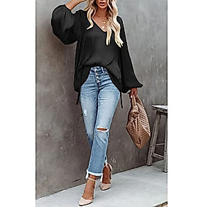 Chigant Women's Sexy Satin Shirts Silk V Neck Long Sleeve Casual Blouses Business Casual Tops Plus Size Black X-Large