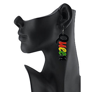 Women's Afrocentric African Text Wood Dangle Pierced Earrings, Queen/Rasta