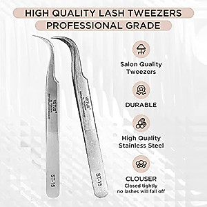 BEYELIAN Eyelash Extension Tweezers, Professional Lash Tweezers for Make Fans Volume Lashes, Curved Tip Stainless Steel Tweezers ST-15