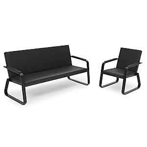 Bestmart PVC Leather 3PCS Office Reception Sofa Set Executive Side Waiting Room Visitor Guest Sofa,Dark Black